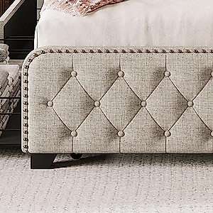 Livavege Queen Size Bed Frame with 4 Storage Drawers on Wheels & Button Tufted Headboard and Footboard, Modern Upholstered Platform Bed w/Steel Slats Support, Metal Queen Bedframe No Box Spring Needed