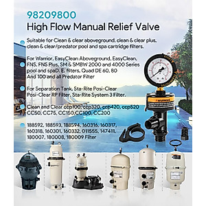 98209800 High Flow Manual Air Relief Valve w/Pressure Gauge Replacement for Pool and Spa Filter