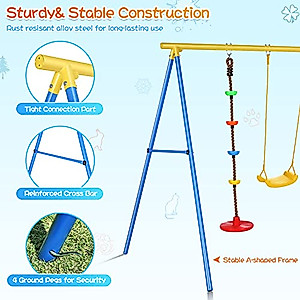 Swing Sets for Backyard, 4 in 1 Swing Sets with Heavy-Duty A-Frame Metal 550lbs Outdoor Swing Stand,1 Swing Seat,1 Nest Swing Seat,1 Climb Ladder,1 Rope Ladder for Backyard and Playground