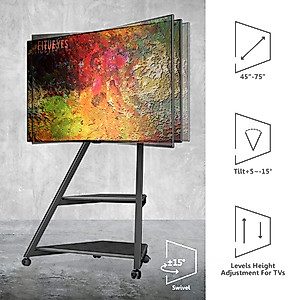 FITUEYES DESIGN Corner TV Stand with Wheels for 43 55 65 70 75 Inch TV, Black TV Cart Floor Stand, Modern TV Stand with Wooden Storage Shelves, Eiffel Series