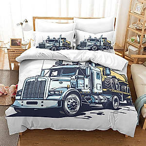 Semi Truck Duvet Cover Quilt Cover Comforter Covers for Boys Girls 3D Printed Heavy Equipmet Hauling Soft Microfiber Bedding Set with Zipper Closure with Pillow Cases 3 Pieces Twin（173x218cm）