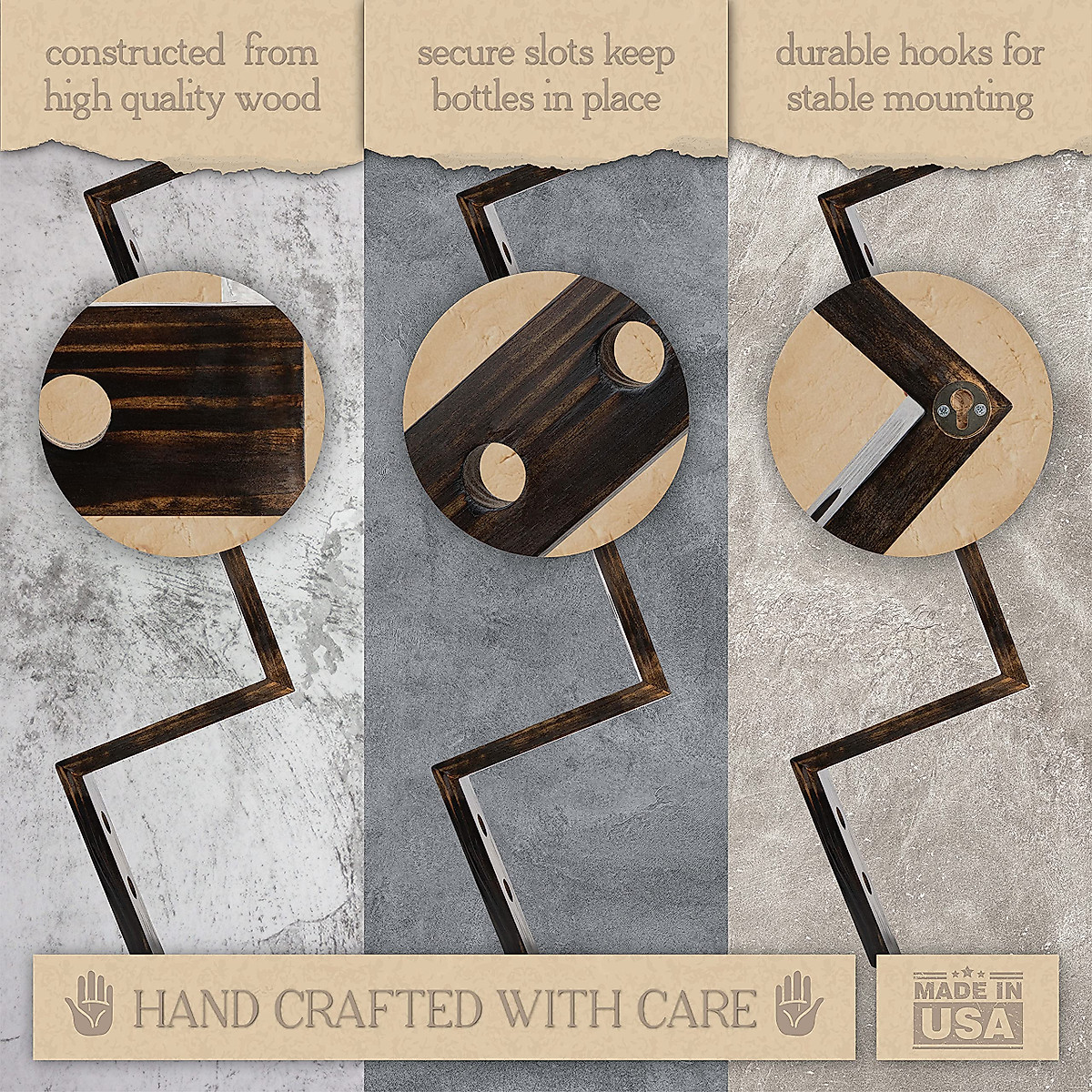 Charmont Wooden Wall Mounted Wine Rack -Rustic Zig Zag Floating Shelves Wine Bottle Holder for Bar, Kitchen Storage, Dining Room, Wedding Gift, Wall Home Décor; 6 Bottles (Dark Walnut)