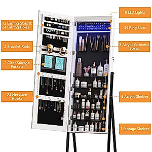 LVSOMT 6 LED Standing Jewelry Mirror Cabinet, Jewelry Armoire Storage Organizer, Full Length Mirror Floor Mirror with Jewelry Storage, Lockable Stand, Large Box, Iron Legs, Bottom Shelf, White