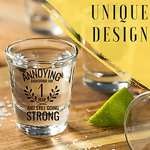 Onebttl Anniversary Cups for Couples, 1 Year Anniversary Funny Gifts for Boyfriend Girlfriend, 1.5 oz (45 ml) Shot Glasses Set of 2 - Annoying Each Other But Still Strong
