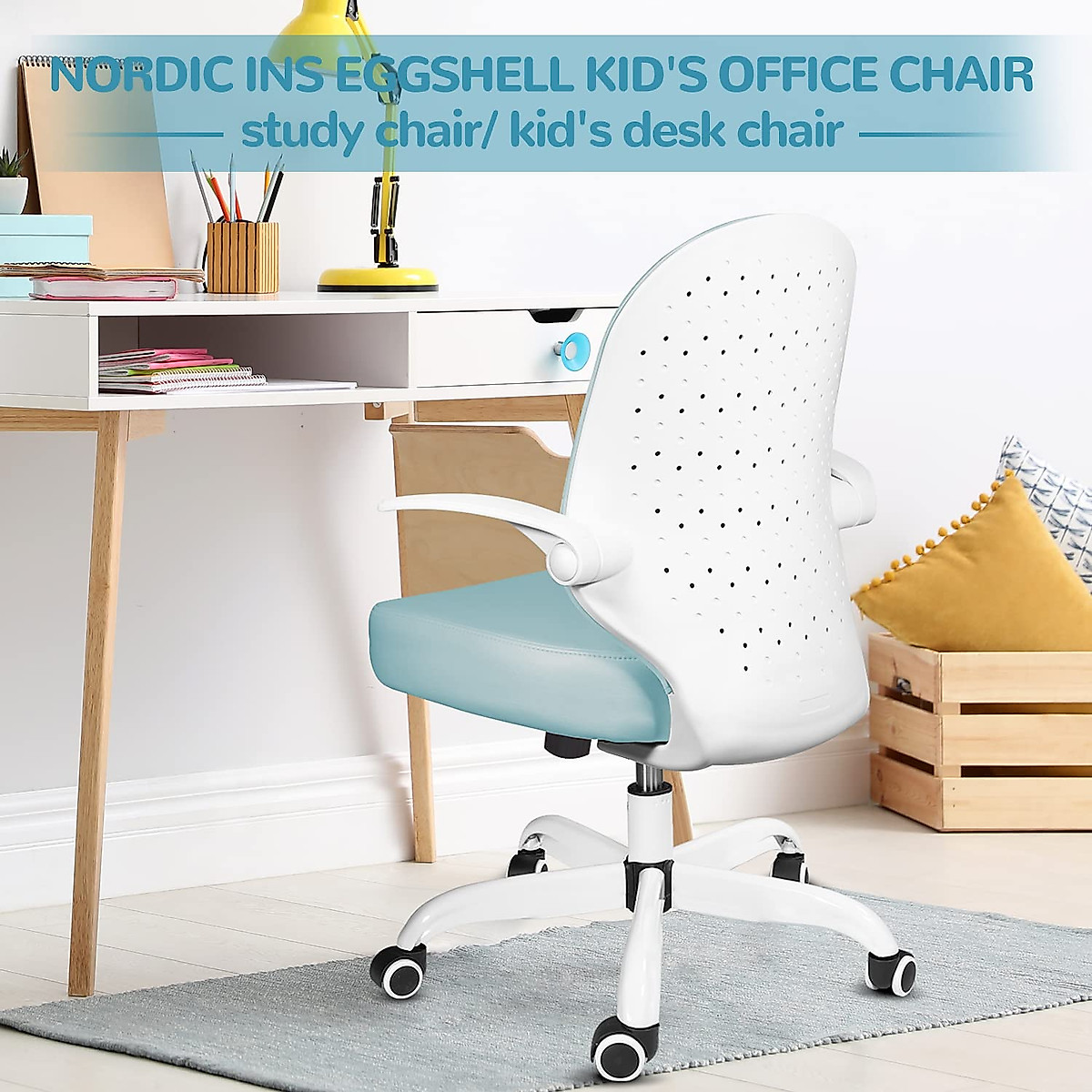 SeekFancy Kids Desk Chair Pego300, Blue Study for Boys Girls with Eggshell Design Backrest, Ergonomic Growing Teen Office Flip up Arms and Wheels, Pu Leather Task Chair…