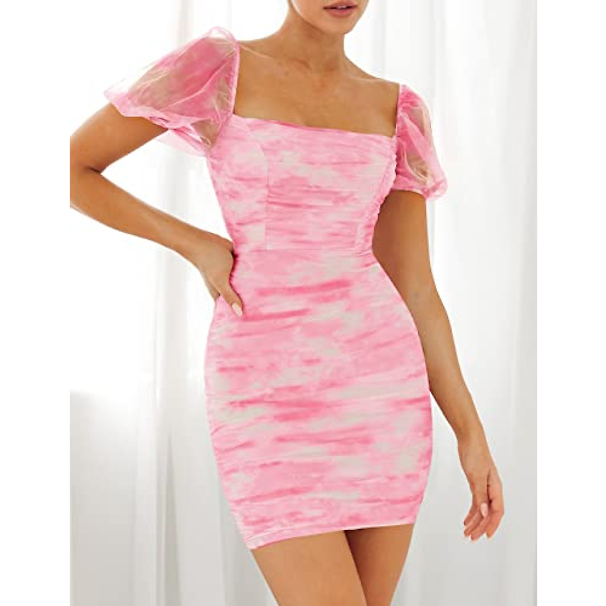 ZESICA Women's 2023 Summer Short Puff Sleeve Tie Dye Print Ruched Bodycon Cocktail Party Wedding Guest Short Mini Dress,HotPink,X-Large