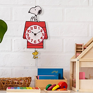 Mark Feldstein & Associates Peanuts Snoopy's Dog House with Woodstock Pendulum Pal Wall Clock, 12 Inch