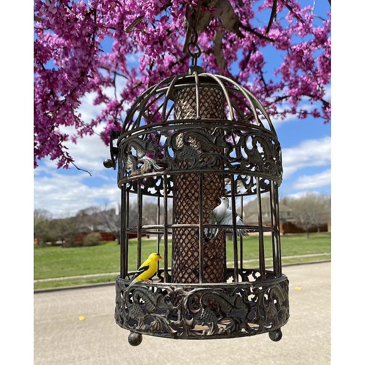 Westcharm 13 in. Caged Squirrel Proof Bird Feeder for Small Songbirds, Tall Rustic Metal Hanging Bird Feeder for Garden, Mesh Peanut Bird Feeder for Patio Yard - Verdigris 3.5 Cups Seed Capacity