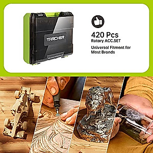 TARCHER Rotary Tool Accessories Kit 420pcs, 1/8", 3/32" and 1/16" Collets Shank Electric Grinder, Universal Fitment with Carrying Case for Cutting, Grinding, Sanding, Drilling, and Polishing