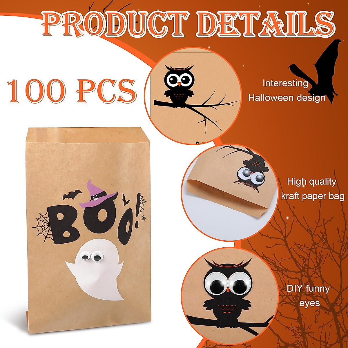 Qilery 100 Pcs Halloween Kraft Paper Treat Bags for Candy Halloween Goodie Bags with 200 Googly Eyes Trick or Treat Bulk Gift Bags for Kids Snack Popcorn Sandwich Cookie Bread Food Party Supplies
