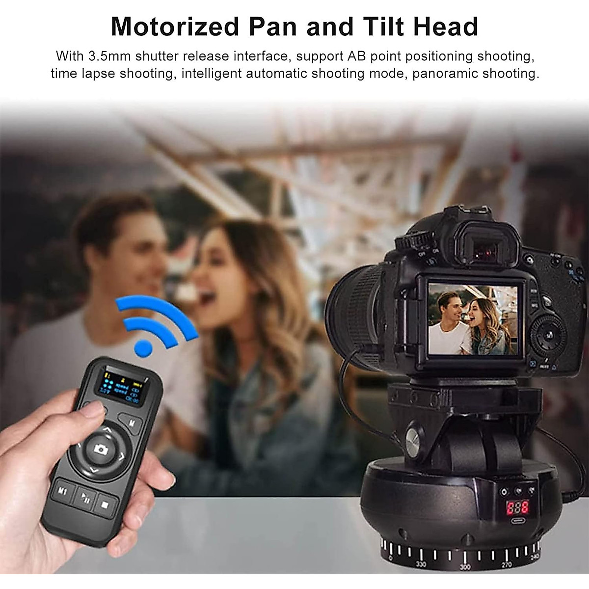 Motorized Pan Tilt Head, 100m Control, 360 Degree Rotation, Tilt ±35 Degree, 9 Gears Adjustable Speed, Panoramic Tripod Head for Smartphones, Camera