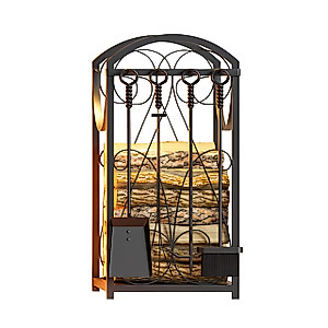 Kingson 5-Piece Firewood Log Rack With 4 Fireplace Tools Set Fireside Holder Wood Lumber Storage Stacking With Tongs Shovel Poker And Brush-Black