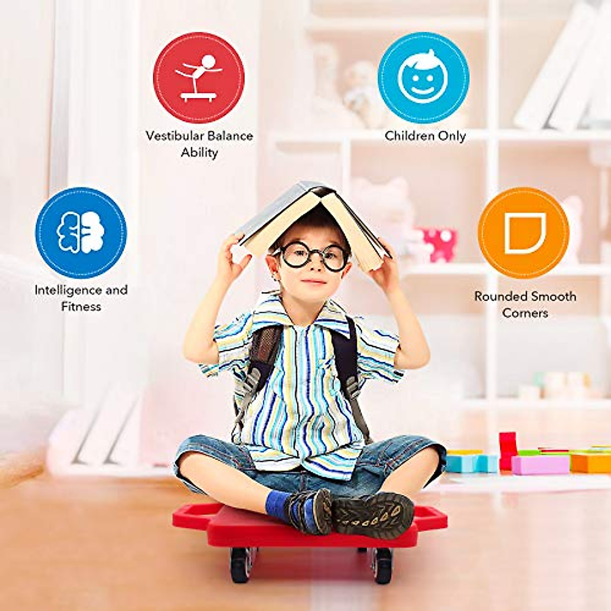 Kids Sitting Scooter Board with Universal Wheels Safety Plastic Scooter for Kids Ages 6-12 Manual Sport Scooters with Handles for Gym Class (Red)