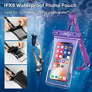 MoKo Waterproof Phone Pouch Holder 2Pack, Floating Case Dry Bag with Lanyard Compatible with iPhone 14 13 12 11 Pro Max X/Xr/Xs/SE3, Galaxy S21 Ultra/S9/Note 10+/20 Ultra, Black + Glitter Purple