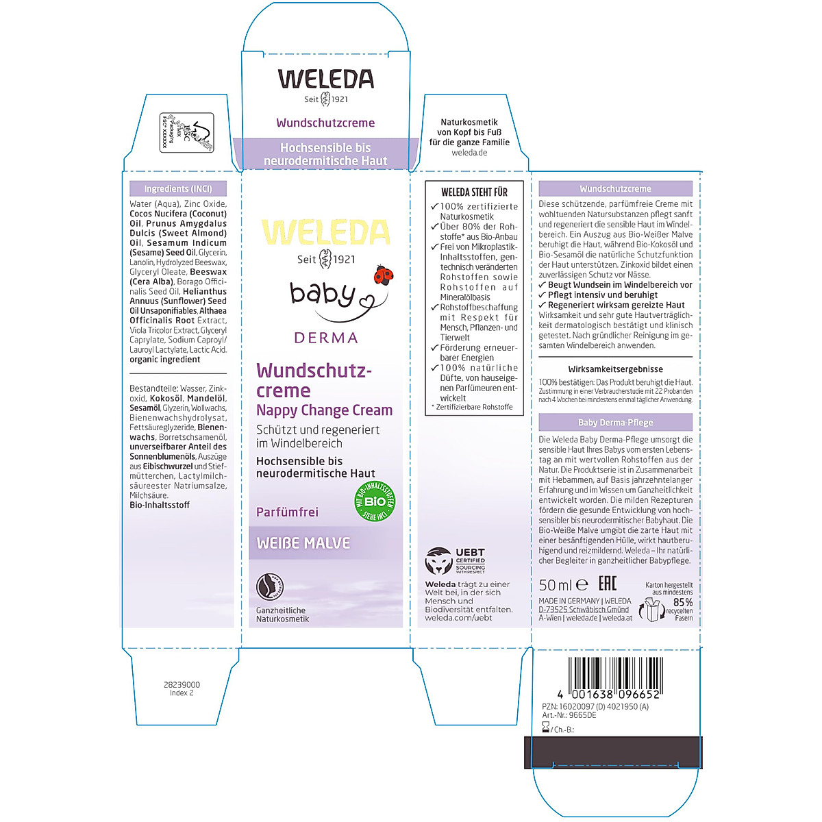 Weleda Baby White Mallow Diaper Care Cream, 1.7 Fluid Ounce, Fragrance Free Plant Rich Protection with White Mallow, Pansy, Sesame and Coconut Oils
