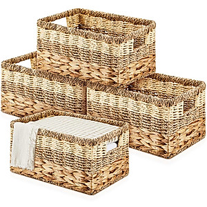 Suzile 4 Pcs Wicker Storage Basket Water Hyacinth Seagrass Woven Baskets for Organizing Square Wicker Storage Cubes with Handles Natural Organizer Baskets Pack for Shelves Bedroom, 12 x 8 x 6.3 Inch