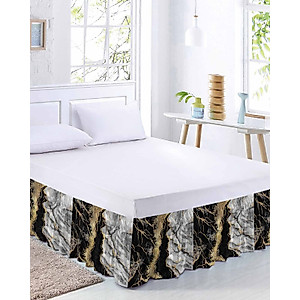 Marble Black Bed Skirt Cal King Size 18 Inch Drop, Adjustable & Elastic Wrap Around Bed Skirts Pleated Luxury Dust Ruffles for Twin Full Queen Cal King Base Bed, Gold Grey Modern Abstract Marbling