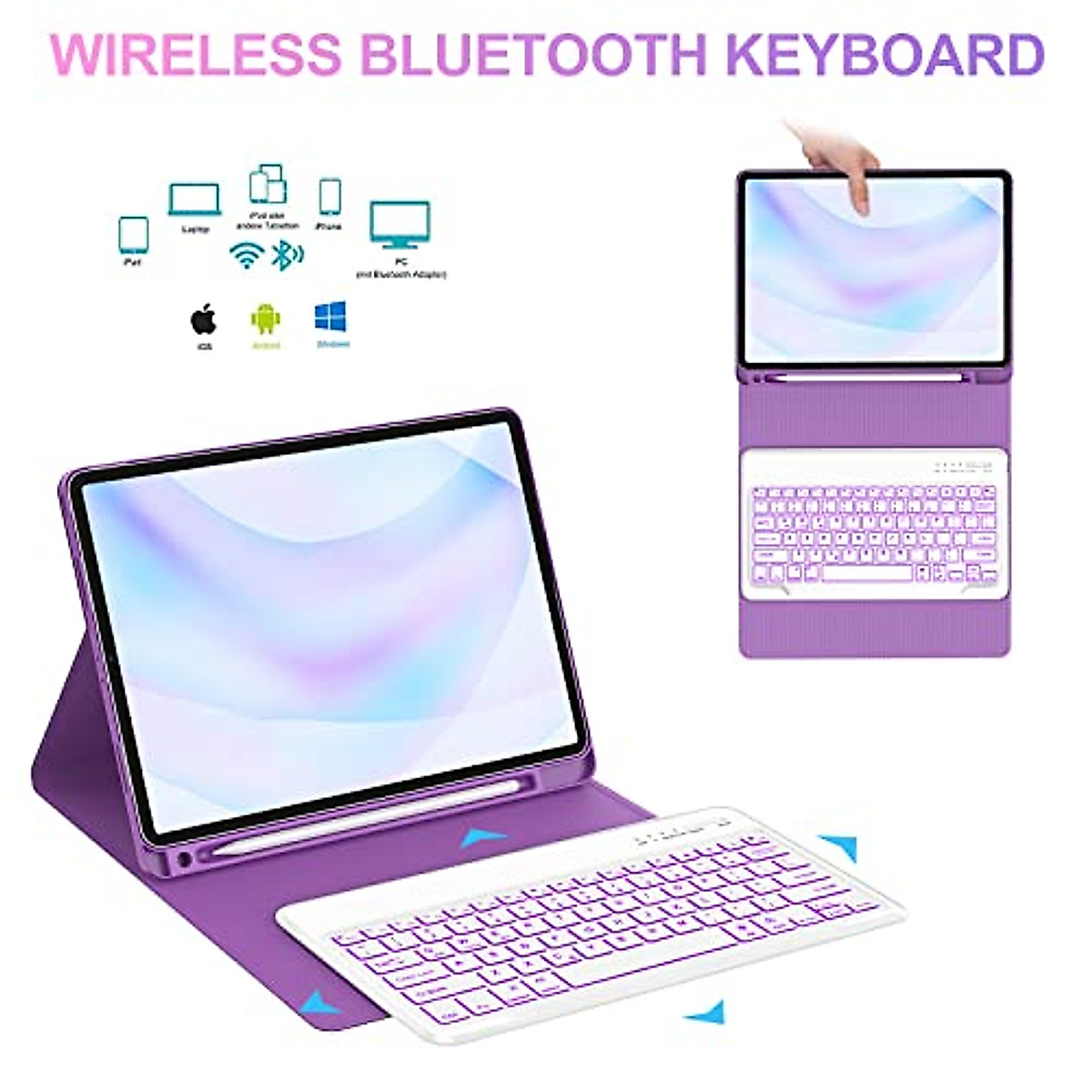 Keyboard Case for iPad Air 13-inch(M2, 2024) & iPad Pro 12.9 (6th 2022/5th 2021/4th 2020/3rd 2018 Gen), Detachable Bluetooth Keyboard| 7 Color Backlit| Slim Protection Cover with Pencil Holder, Purple