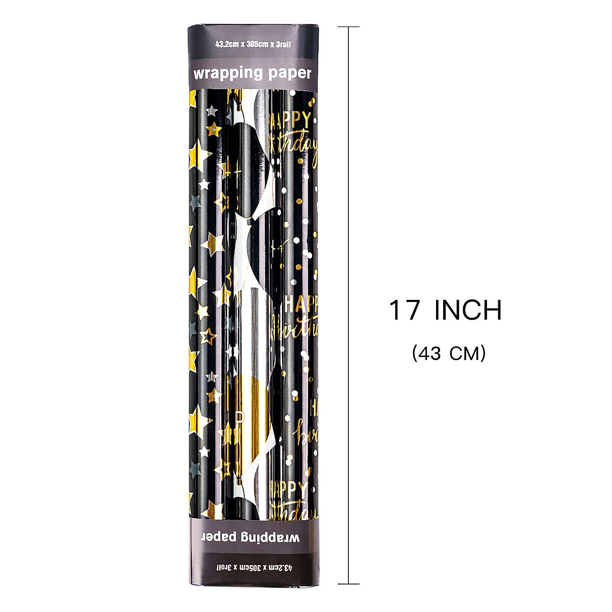 LeZakaa Birthday Wrapping Paper Roll - Mini Roll - Metallic Foil with Balloon, Star and Happy Birthday Lettering - 17 x 120 inches, 3 Rolls (42.5 sq.ft.ttl.)