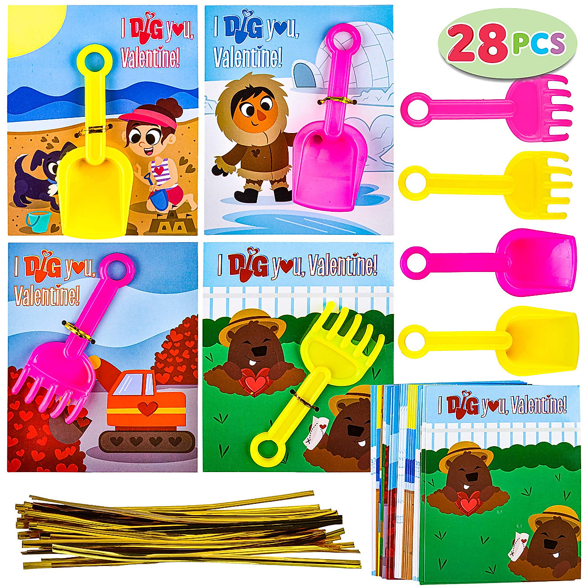 JOYIN 28 Packs Valentines Day Cards with Shovel Toys for Valentine Party Favor, Classroom Exchange Prize, Valentine’s Greeting Cards, Shovels and Rakes Beach Toys, “I DIG YOU Valentine”
