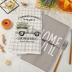 AnyDesign Farmhouse Kitchen Towel Gray Home Sweet Home Dish Towel Buffalo Plaids Truck Eucalyptus Leaves Hand Drying Tea Towel for Home Cooking Baking Cleaning, 18 x 28 Inch, 2Pcs