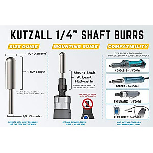 Kutzall Extreme Ball Nose Burr, 1⁄4" Shaft, Very Coarse - Woodworking Attachment for Bosch, DeWalt, Milwaukee, Makita. Abrasive Tungsten Carbide, 3⁄8" (9.5mm) Dia. X 1-1⁄2" (38.1mm) Length BNX-12X112C