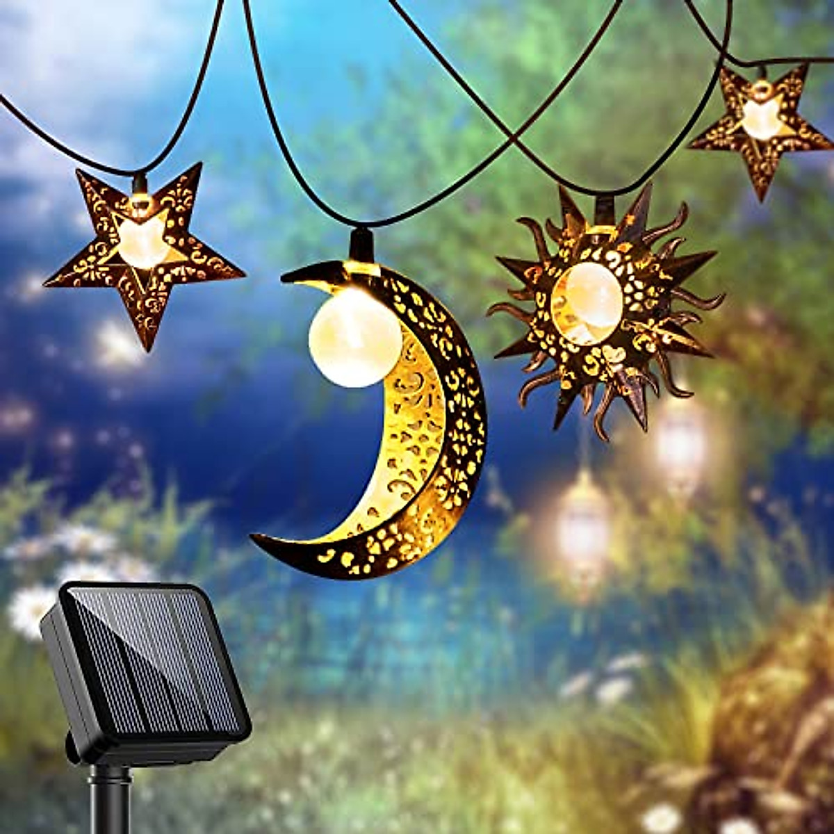 Solar String Lights Outdoor Star Moon Sun 13Ft 153In Led Solar Powered Fairy Decorative Lights for Garden Patio Yard Trees Christmas Wedding Party (Warm White) (Star Moon Sun String Lights)