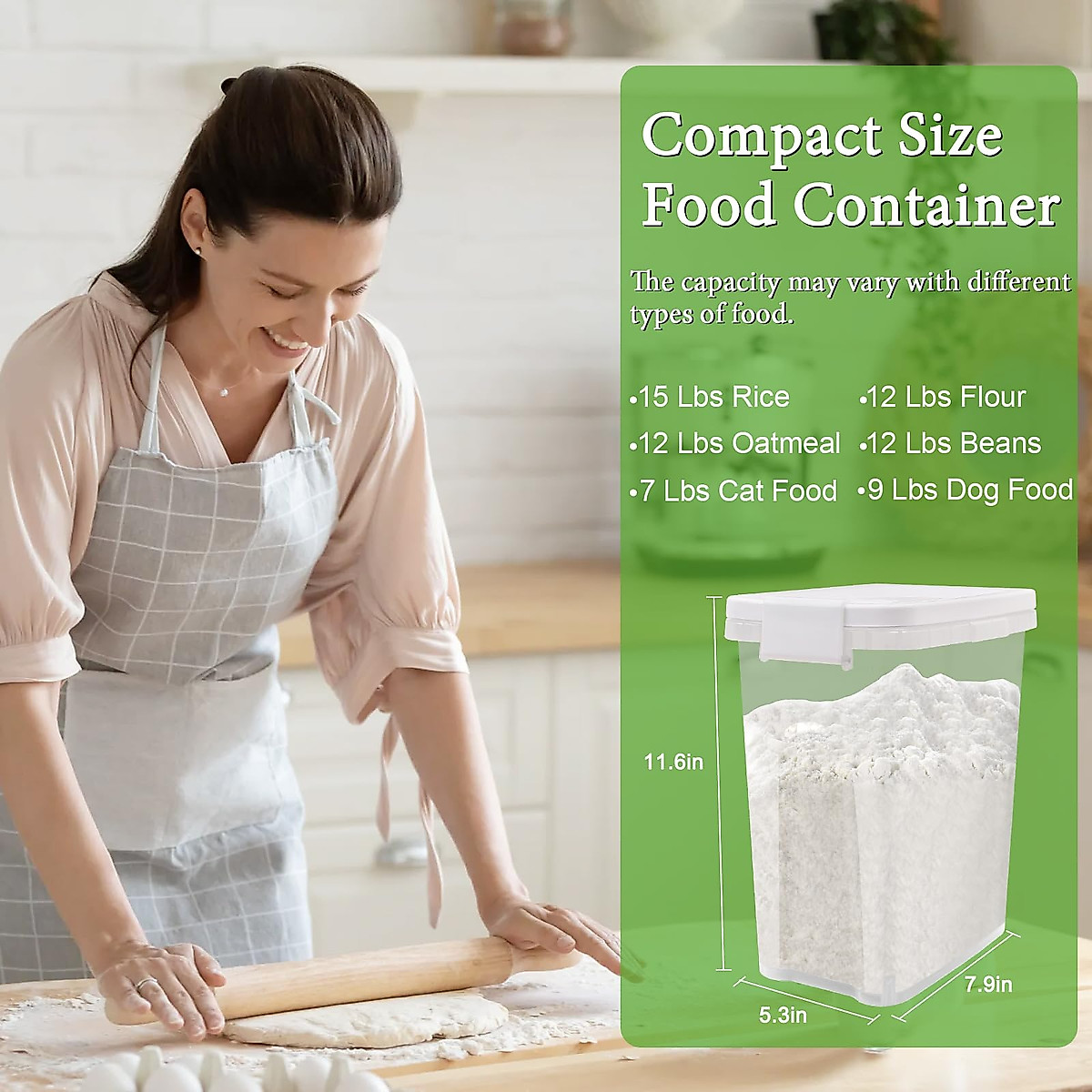 Tight-Lock Rice Container 15 Lbs - Airtight Flour Container with Scoop - Food-Grade Plastic Food Storage Container for Cereal, Sugar - Dry Food Dispenser for Kitchen, Pantry Organizers and Storage