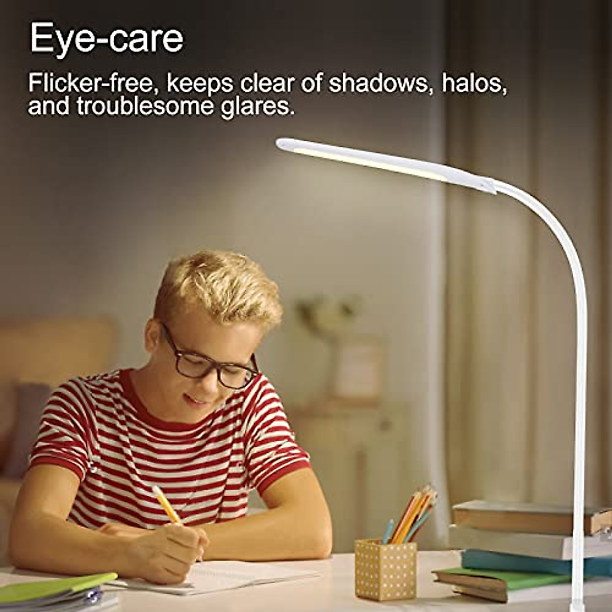 HAILOLY Desk Lamps for Home Office, White Desk Lamp with Clamp, LED Desk Lamp with USB Port,Eye-Caring Office Light Dimmable, Clamp Lamp for Desktop,Workbench