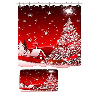 zhangwei Shower Curtains for Bathroom, Christmas Shower Curtain Set for Bathroom, Winter Holiday Festival New Year Shower Curtain Sets with 12 Hooks and Non-Slip Rugs, Bath Mat, Toilet Lid Cover