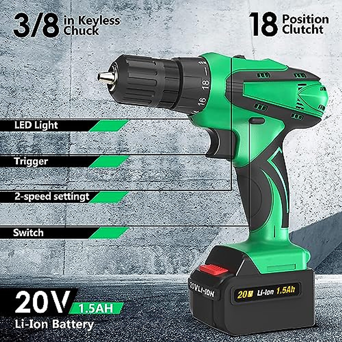 ENZOO 20V Cordless Drill, Electric Power Drill Set with Battery and Charger+23 pc. Impact Driver/Drill Bits, 3/8" Keyless Chuck, 2 Variable Speed, 248 In-lb Torque, 18+1 Position