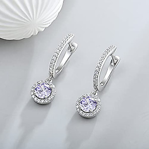 Romieka Earrings Round Birthstone Dangle Earrings 925 Sterling Silver with 14K White Gold Plated Cut June Birthstone Alexandrite Fine Jewelry For Women/Girls Gifts For Her