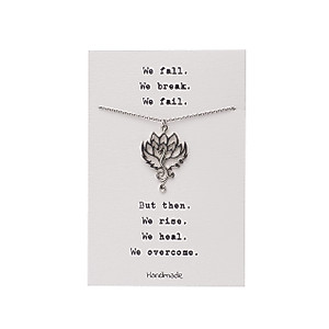 QUINNLYN & CO. Phoenix Om Lotus Flower Pendant Necklace, Handmade Gifts for Women with Inspirational Quote on Greeting Card, Stainless Steel