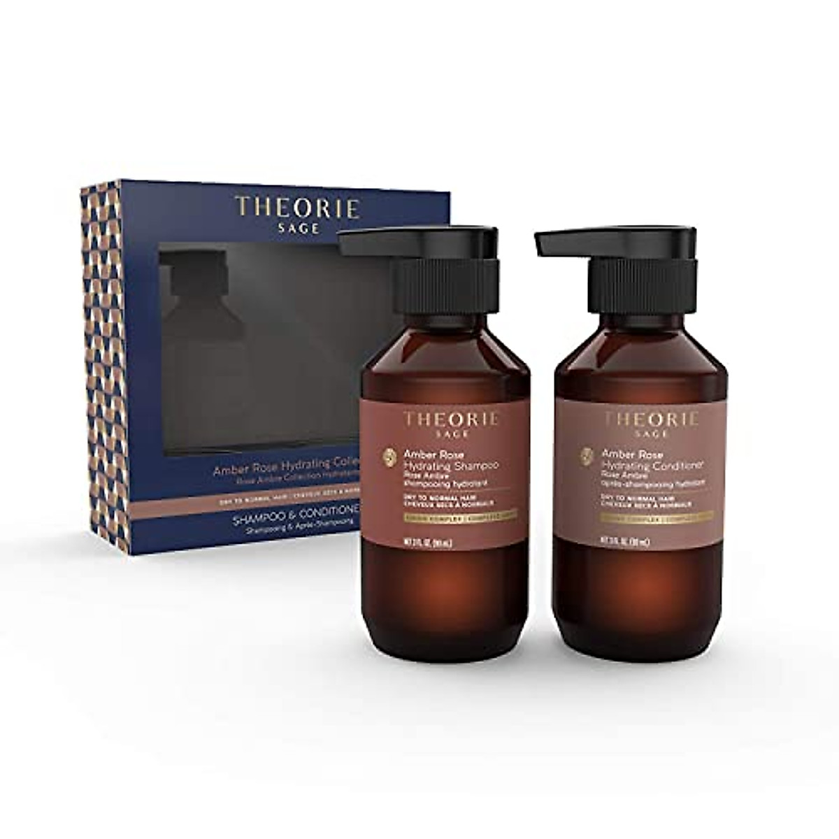 THEORIE Amber Rose Travel Set - Hydrating Shampoo & Conditioner minis - Refresh & Recharge - Suited for Dry to Normal Hair - Protects Color and Keratin Treated Hair, Bottles 90mL each