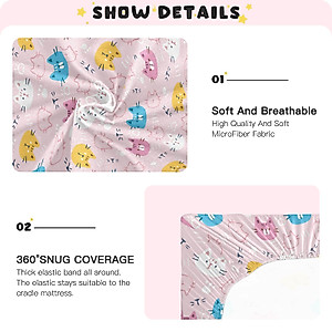 Kigai Cartoon Cat Face Pink Crib Sheets for Boys Girls, Soft and Breathable Pack n Play Sheets, Portable Mini Stretchy Cribs Sheets, 39x27 Inch