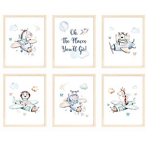 bumbleboo Nistio® Oh The Places You Will Go Nursery Print, Airplane Nursery Prints, Safari Animals Nursery Wall Art, Seuss Nursery Print, Airplane Nursery Wall Art, Unframed, Set of 6 Prints, 8x10
