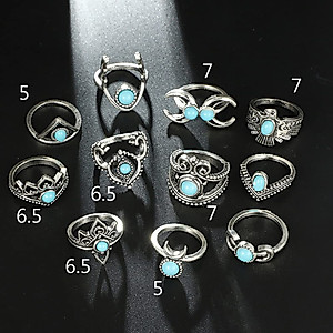 Octwine 11 pcs Boho Silver Turquoise Knuckle Rings Set Silver Stacking Midi Finger Rings Set Bohomian Statement Joint Carved Knuckle Ring Set Women Girls Party