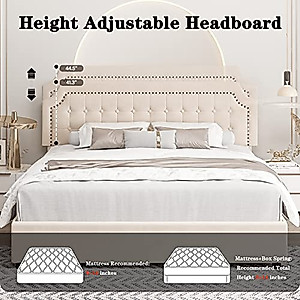 King Bed Frame with Storage and Adjustable Headboard, Bed Frame with 4 Drawers and Wooden Slats Support, No Box Spring Needed, Velvet, Beige