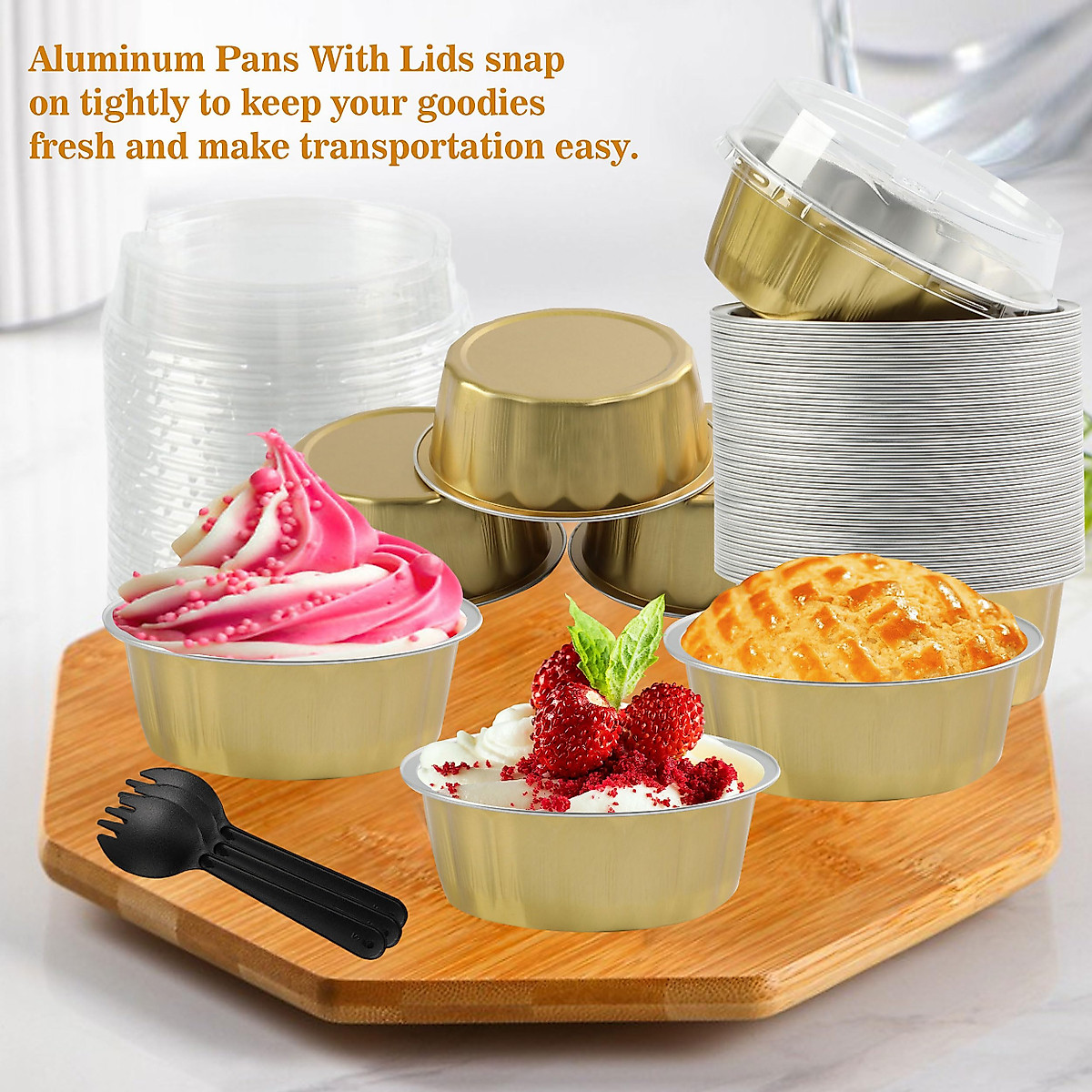 BAKINGPAK Round Mini Aluminum Pans with Lids, 30PCS 8OZ Individual Cupcake Containers Cupcake Liners with Lids Mini Cake Tins Individual Mini Cake Pans With Lids Gifts for Mom Wedding Brithday, Gold