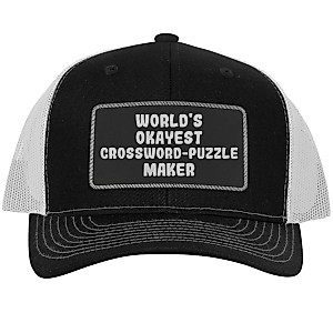 World's Okayest Crossword-Puzzle Maker - Leather Black Patch Engraved Trucker Hat, Black-White, One Size