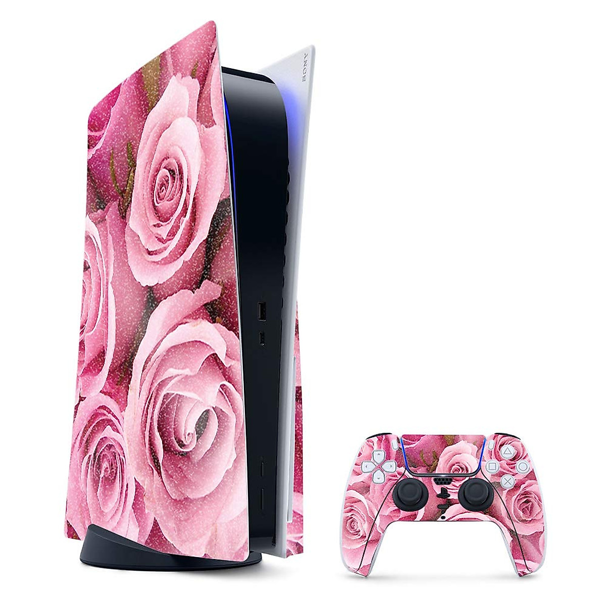 MightySkins Glossy Glitter Gaming Skin for PS5 / PlayStation 5 Bundle - Pink Roses | Durable High-Gloss Glitter Finish | Easy to Apply and Change Style | Made in The USA
