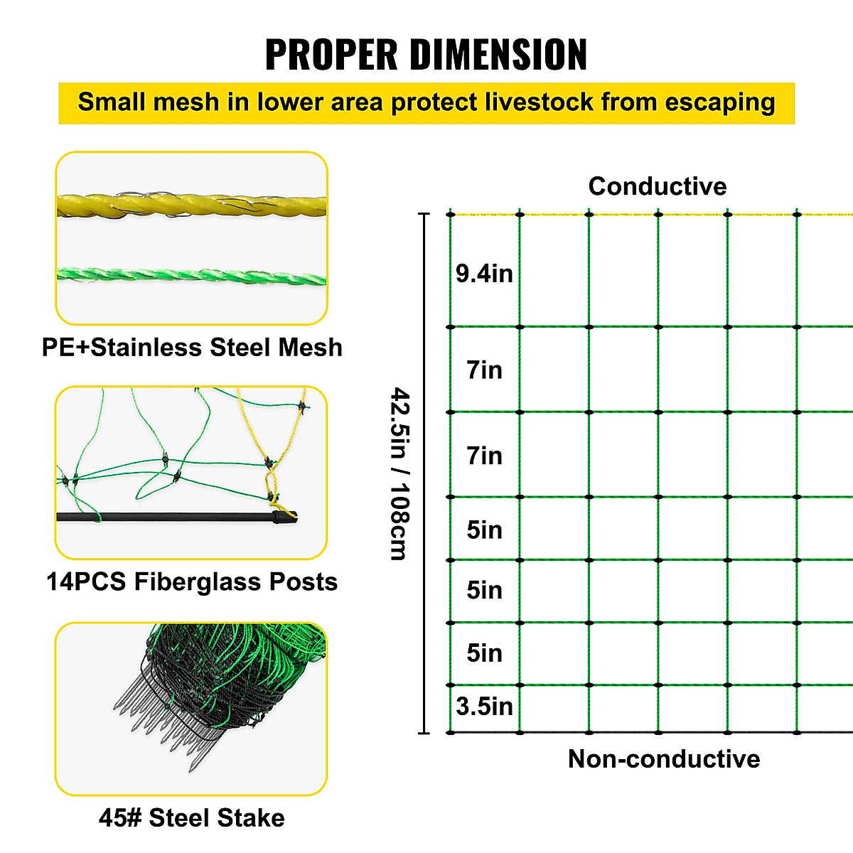 VEVOR Electric Fence Netting, 42.5" H x 164' L, PE Net Fencing with 14 Posts Double Spiked, Utility Portable Mesh for Goats, Sheep, Lambs, Deer, Hogs, Dogs, Used in Backyards, Farms and Ranches, Green