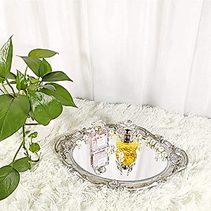 Yamfurga Oval Decorative Mirror Tray, French Style, Makeup Organizer, Jewelry Organizer, Serving Tray, 9.8"x 14.6", Golden Silver