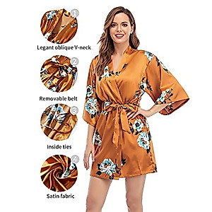Escalier Women's Silk Satin Pajamas Sets 2Pcs Floral Silky Pj Robe Set with Chemise Nightgown Orange Floral S