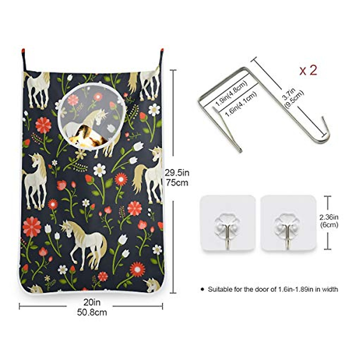 hengpai Kids Cute Hanging Laundry Hamper Bag Dirty Clothes Bag Basket Fabric Wash Bag with Door Wall Hooks,White Horse Flower