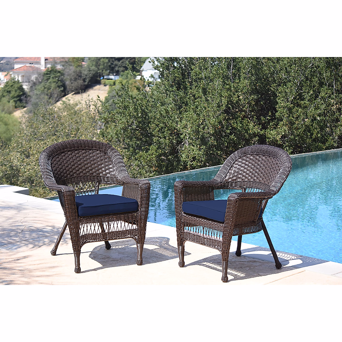 Jeco Wicker Chair with Blue Cushion, Set of 2, Espresso/