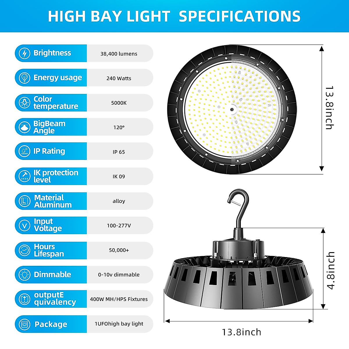 CoolRat High Bay Led Shop Lights, 240W 38,400LM 5000K UFO Led Hight Bay Light, Led High Bay Light for Commercial Industrial Warehouse Shop Factory Barn Garage Area Lighting Fixture