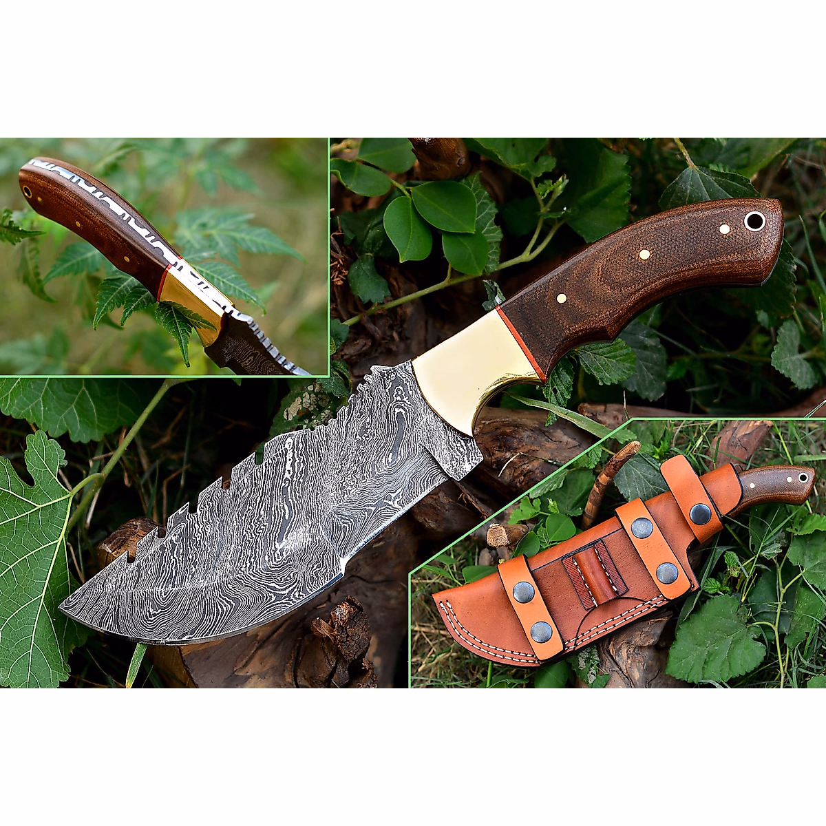 Nooraki - 11 inch | Custom Handmade Damascus Tracker Knife with Brown Micarta Handle Hunting knife, Camping knife, Bushcraft Knife, Survival Knife - Full Tang Fire Pattern With Sheath #332