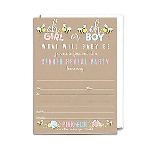 Gender Reveal Invitations with Envelopes, Bee Baby Shower Invites Customize Party Details DIY 5x7 Card Set, 25 Pack