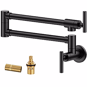 FORIOUS Pot Filler Faucet, Black Wall Mount Pot Filler Over Stove, Solid Brass Kitchen Sink Pot Filler Faucets, Commercial Kitchen Folding Faucet with Stretchable Double Joint Swing Arms, Matte Black